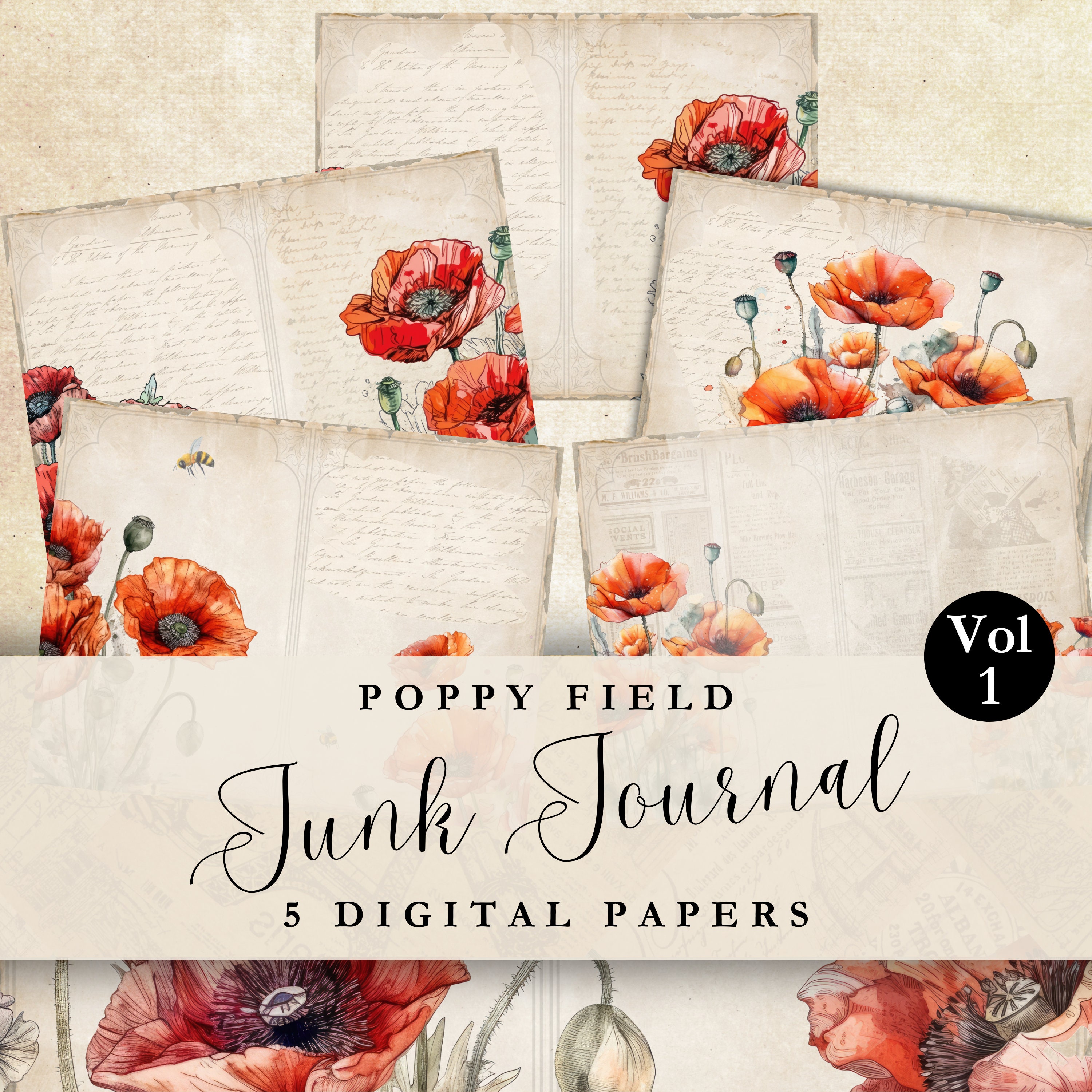 Vintage Poppy Flower Digital Paper Bundle Printable Page for Junk ...