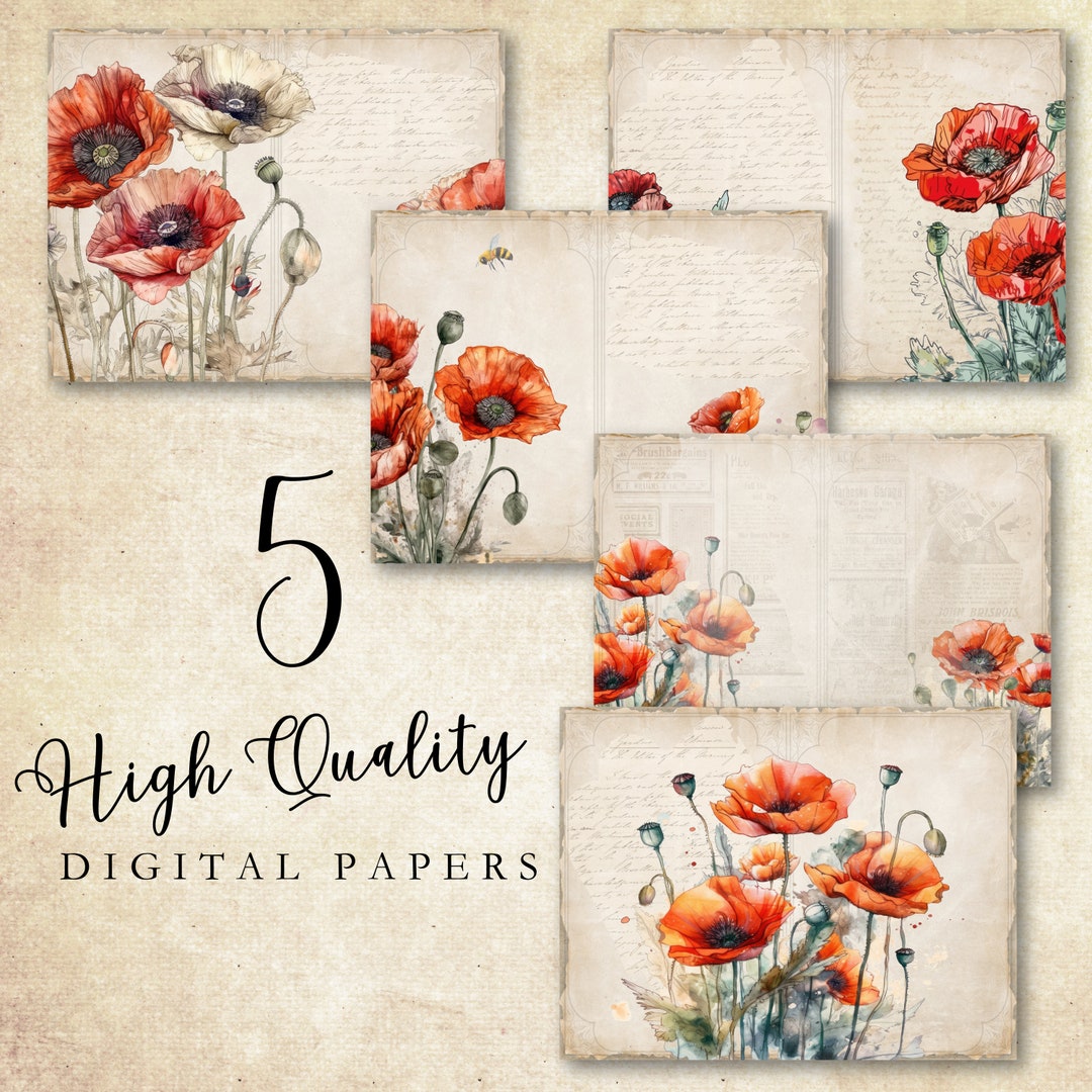 Digital Poppy Flower Paper Pack Vintage Printable Page for Junk Journal ...