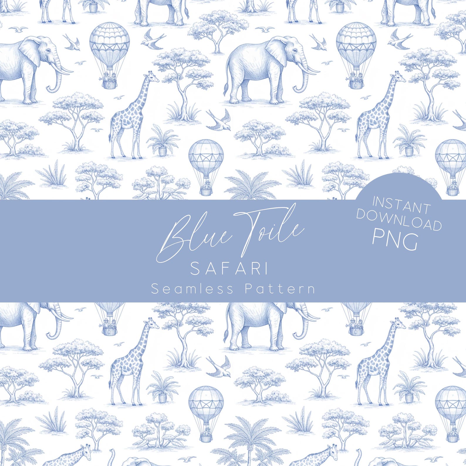 Blue Toile De Jouy Safari Seamless Pattern Chinoiserie Nursery Digital ...