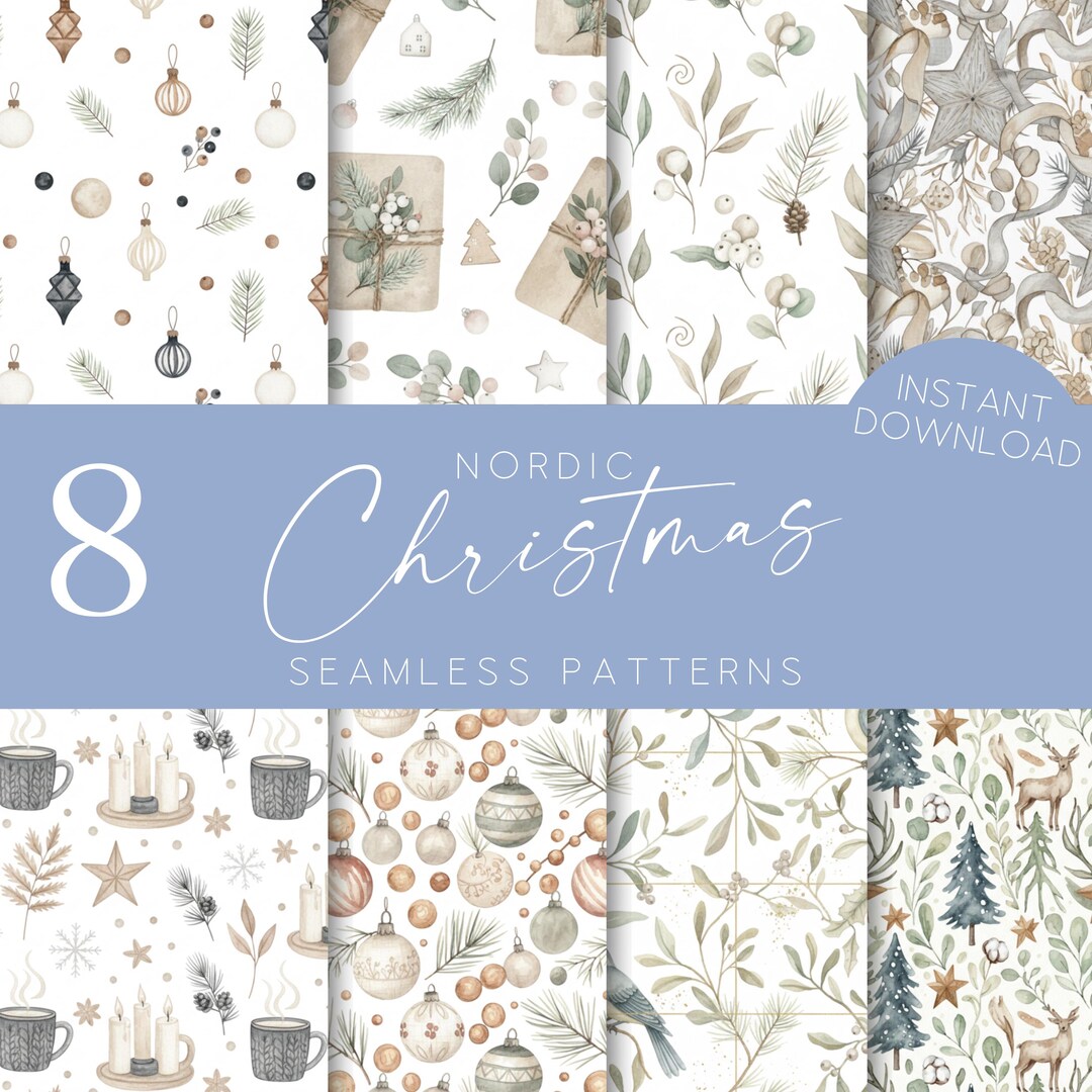Nordic Christmas Seamless Digital Paper Bundle Watercolor Winter ...