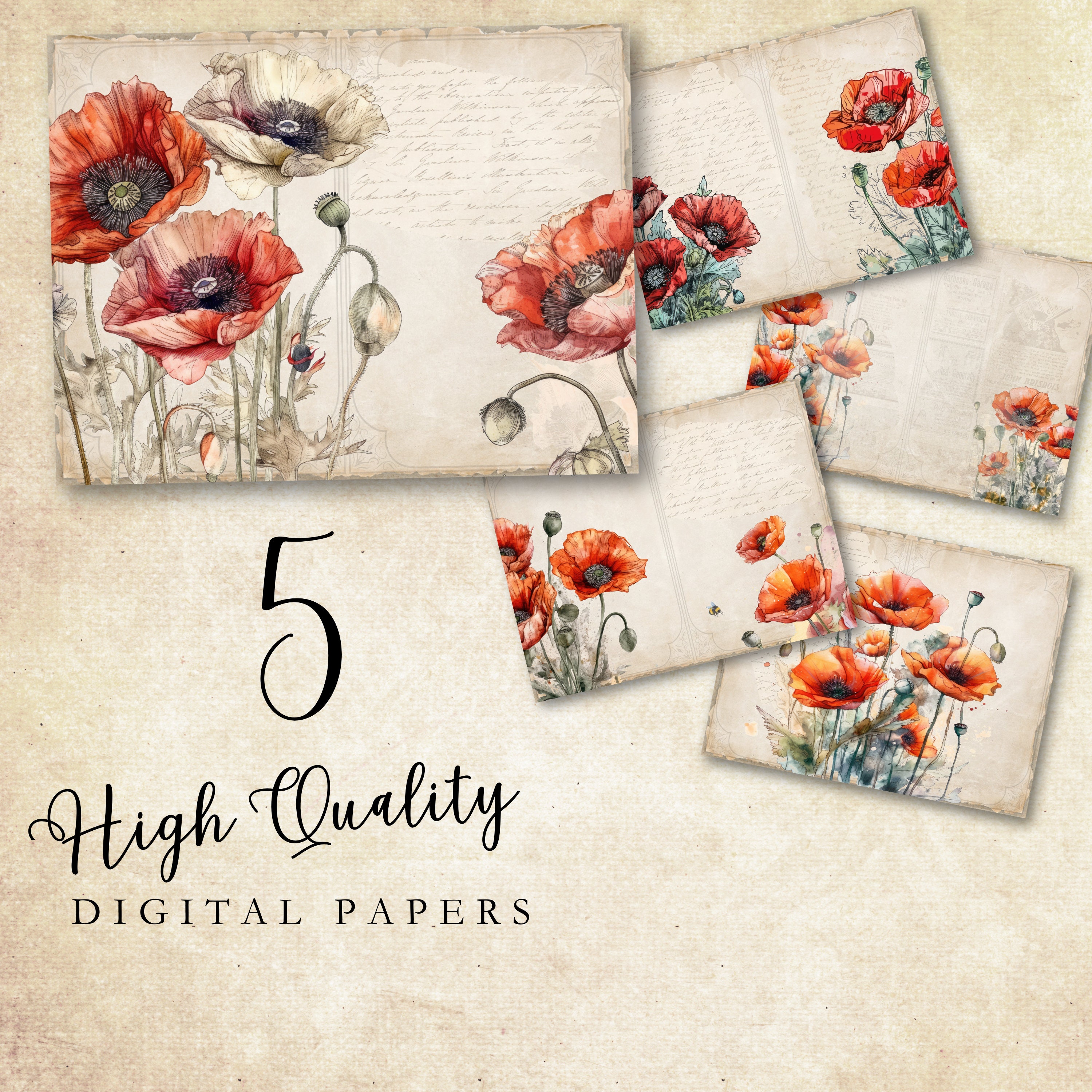 Vintage Poppy Flower Digital Paper Bundle Printable Page for Junk ...