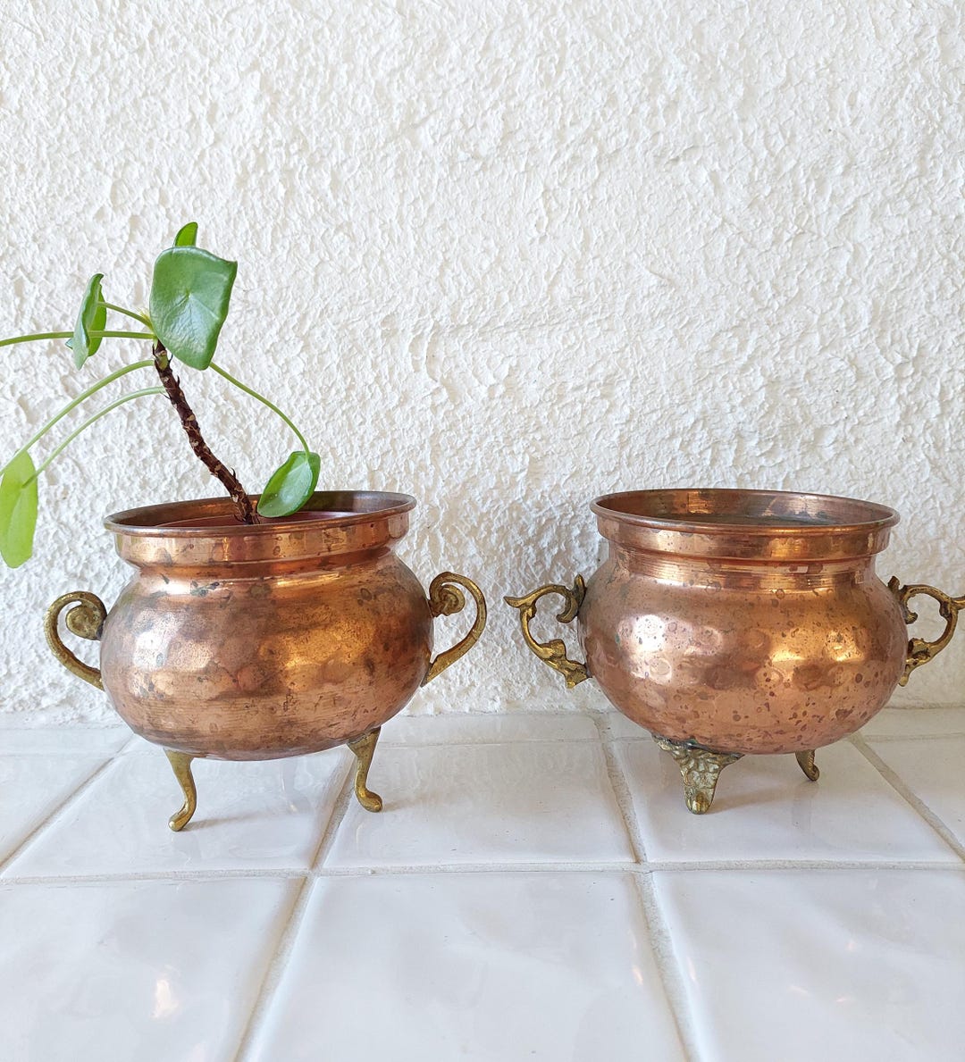 2 Vintage Copper Cauldron Planters – Ornate Brass Handles & Feet ...