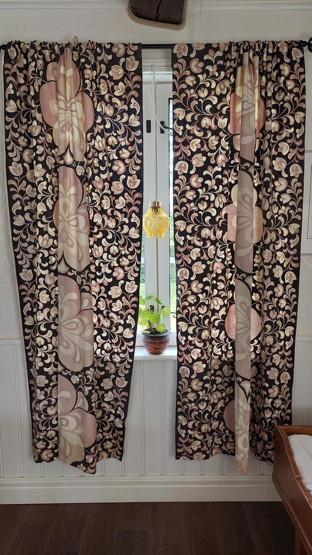 2 Vintage Curtains 70s Retro Black Beige Pink Mid Century Patterned ...