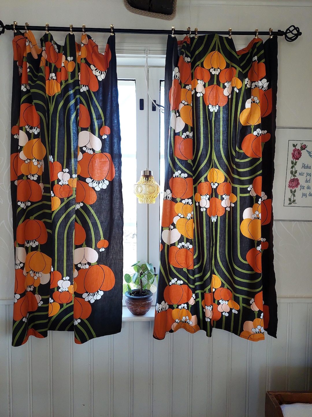 2 Vintage 70s Curtains Bold Floral Retro Drapes Orange & Black ...