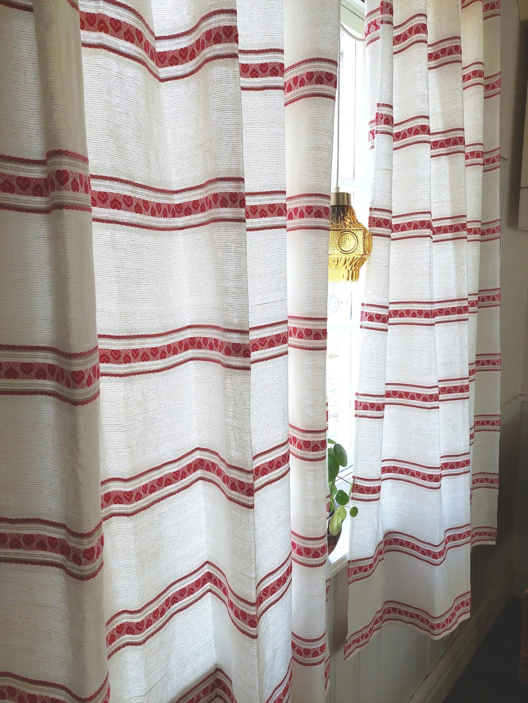 Vintage Scandinavian Curtains: Red Heart Pattern, Farmhouse Cottage ...