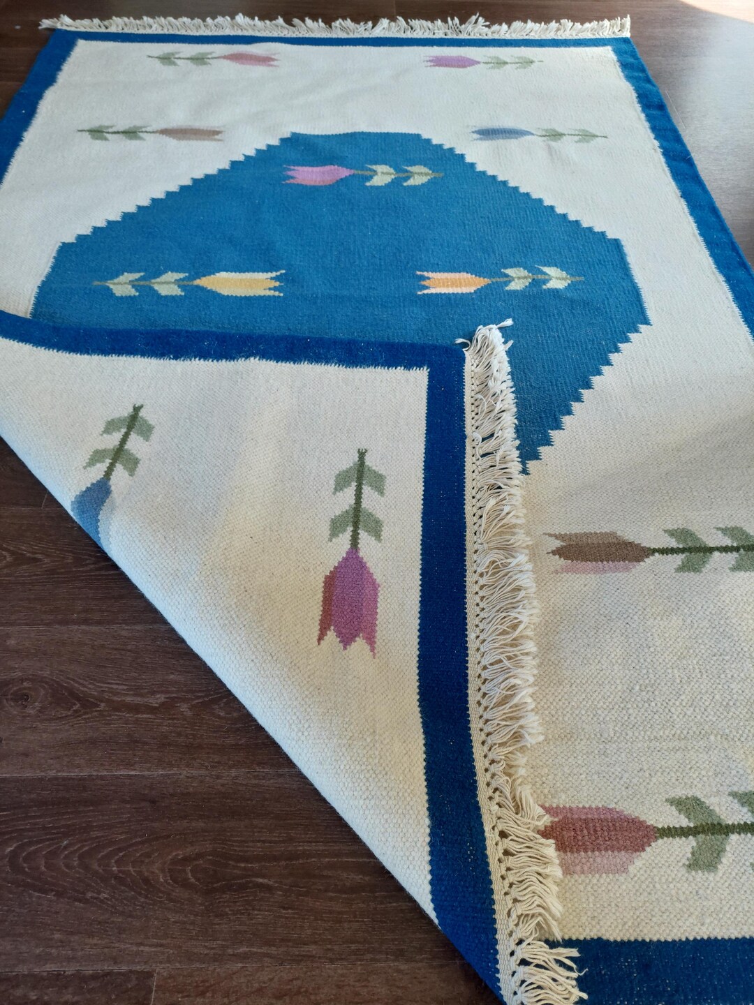Swedish Röllakan Vintage Handwoven Area Rug With Tulip Flower Pattern ...
