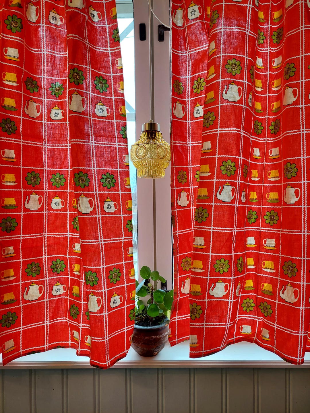 2 Vintage 1970s Scandinavian Retro Kitchen Curtains –bold Red Mid ...