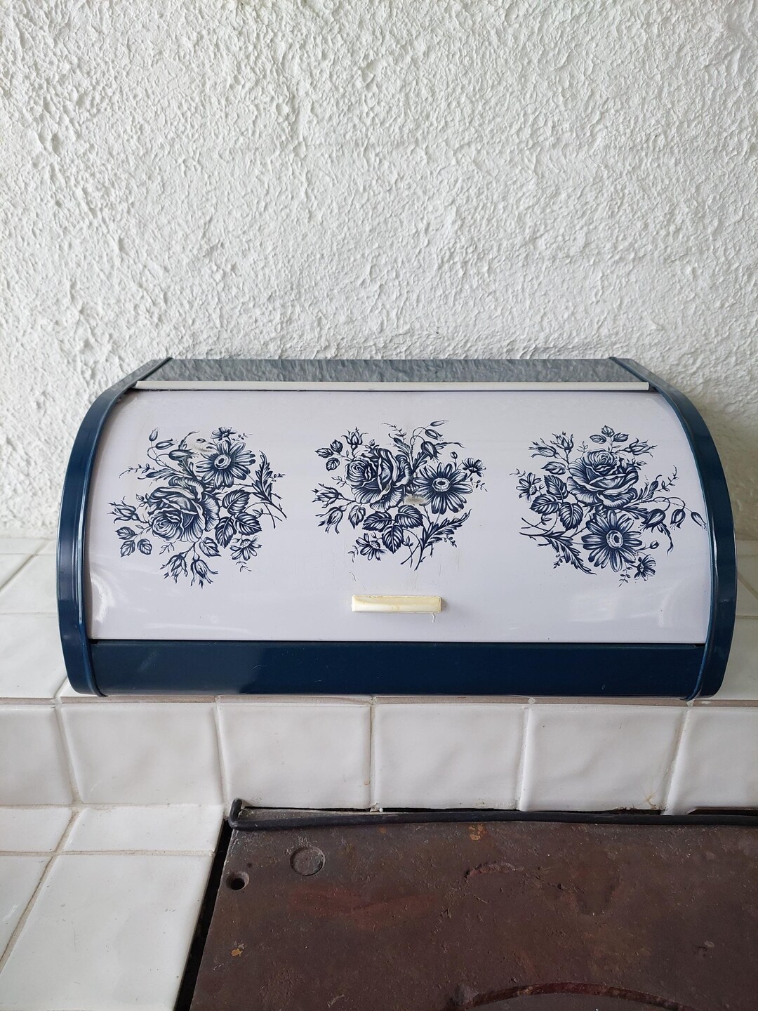 Vintage Enamel Bread Box With Blue Floral Design 1960s White Blue Box ...