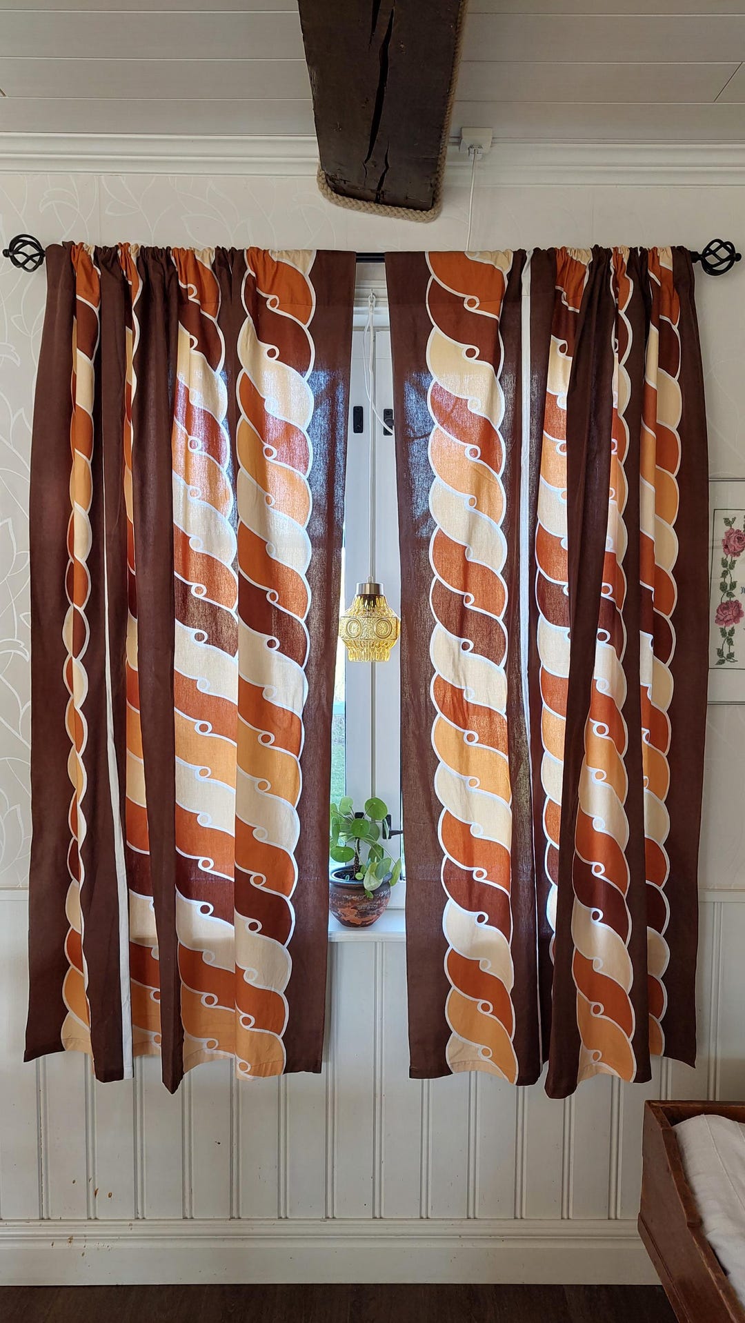 2 Bold Vintage 70s Retro Curtains Brown Orange Mid-century Scandinavian ...