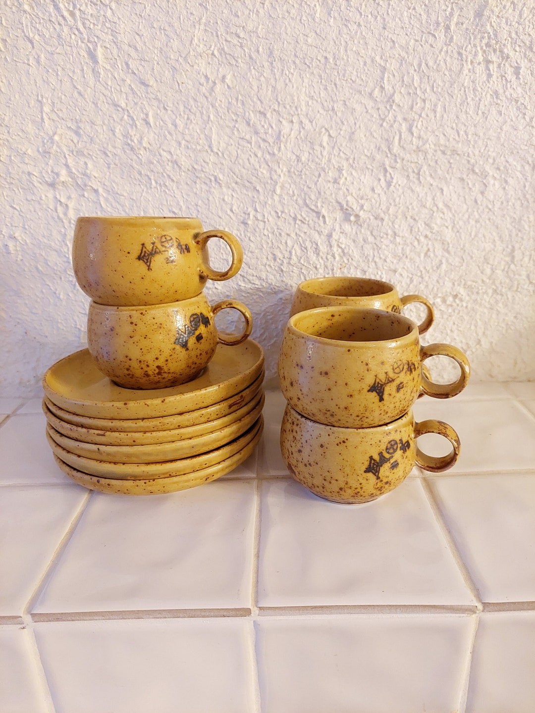 6 PENTIK FINLAND Hiisi Coffeecups With Saucers, Beautiful Heavy Rustic ...