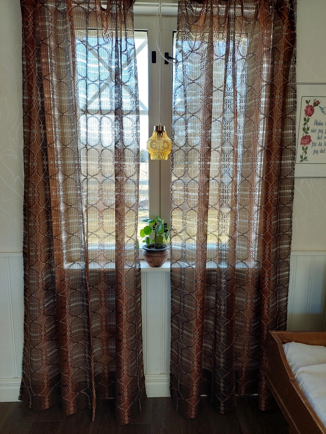 Vintage Scandinavian Woven Curtains, Earthy Brown Boho Mid-century ...