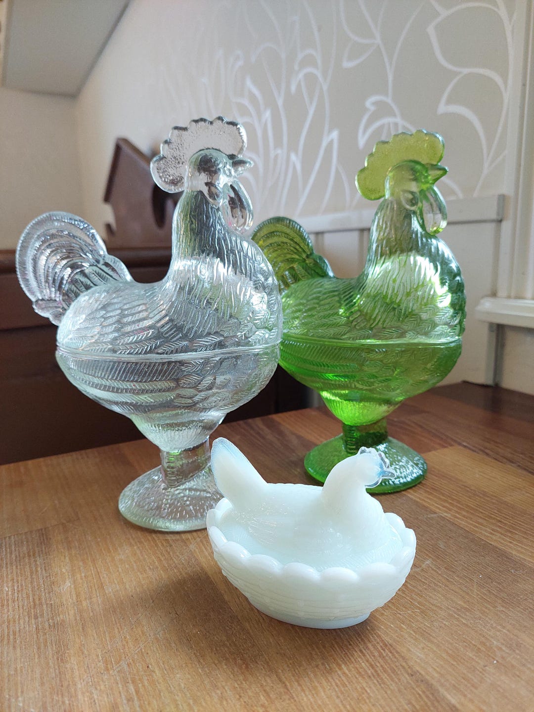 Vintage Glass Hen on Nest & Rooster Candy Dish–clear,green, Milk Glass ...