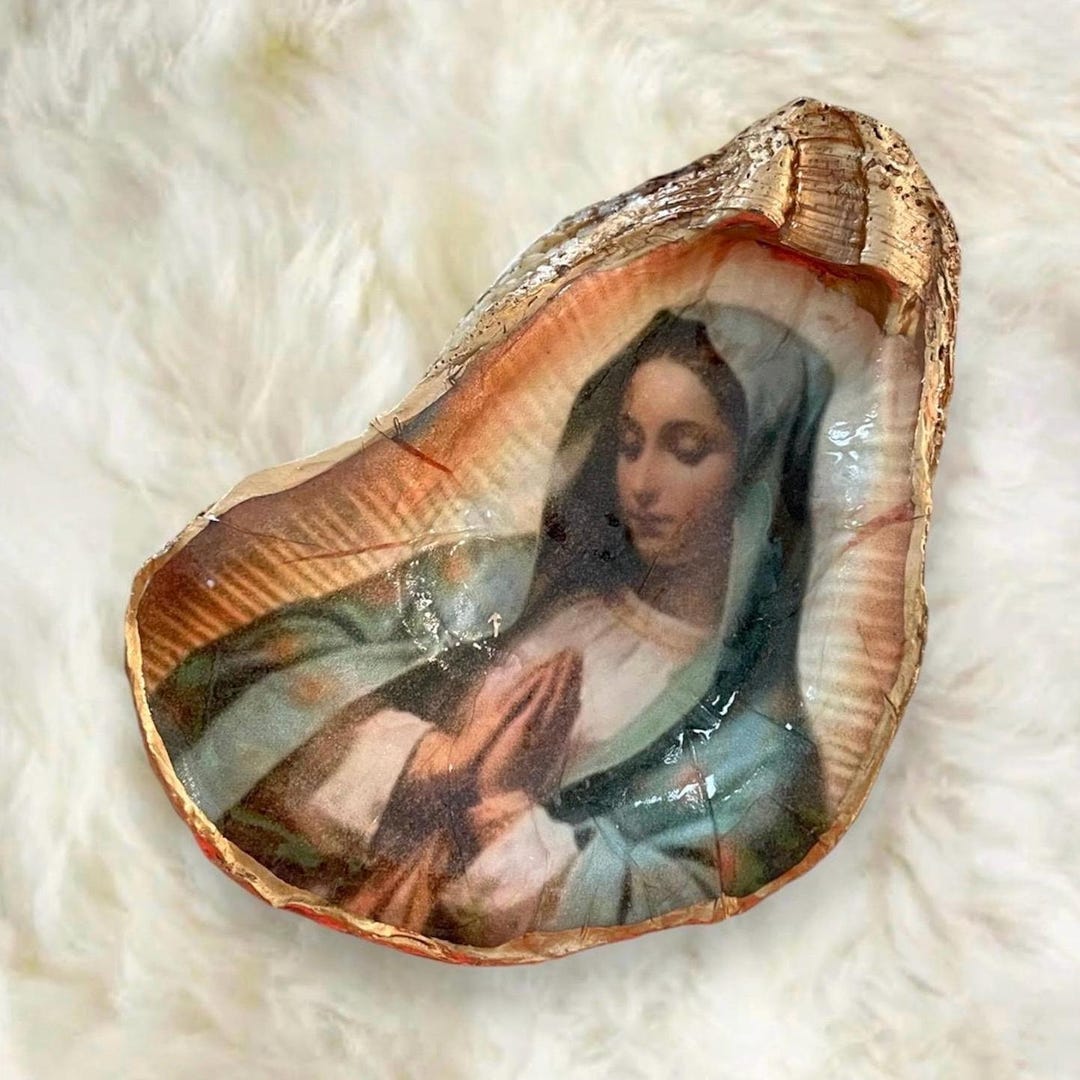 Blessed Virgin Mary Oyster Shell Ring Dish: Gold Coastal Decor - Etsy