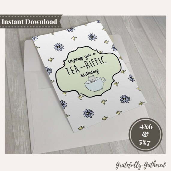 Tea-riffic Birthday Printable Kitten Teacup Card Blank | Etsy