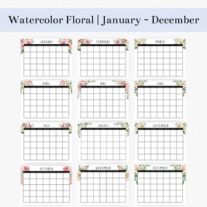 Undated Printable Calendar, Floral Watercolor, Blank Botanical Wall ...