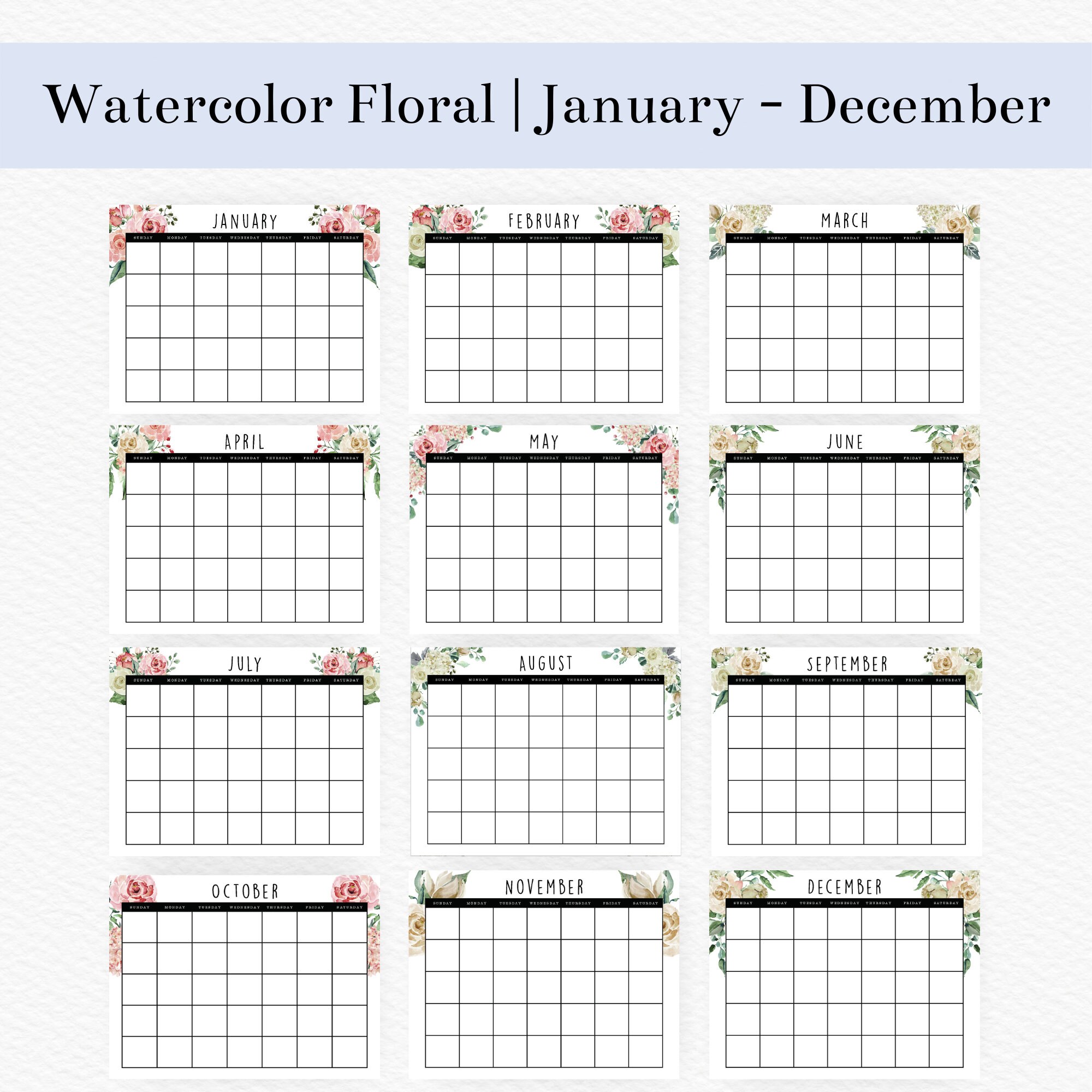Undated Printable Calendar, Floral Watercolor, Blank Botanical Wall ...