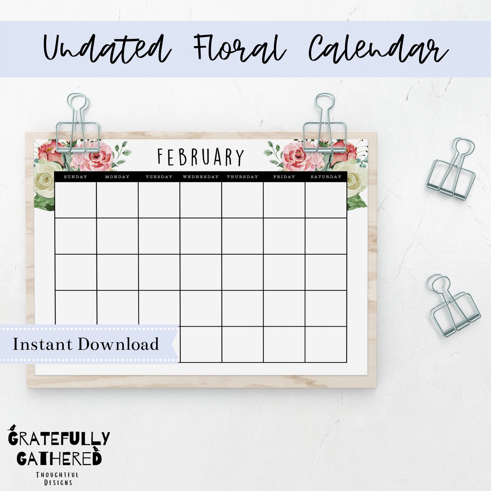 Undated Printable Calendar, Floral Watercolor, Blank Botanical Wall ...