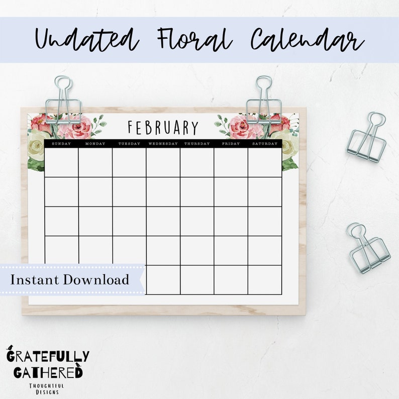Undated Printable Calendar, Floral Watercolor, Blank Botanical Wall ...