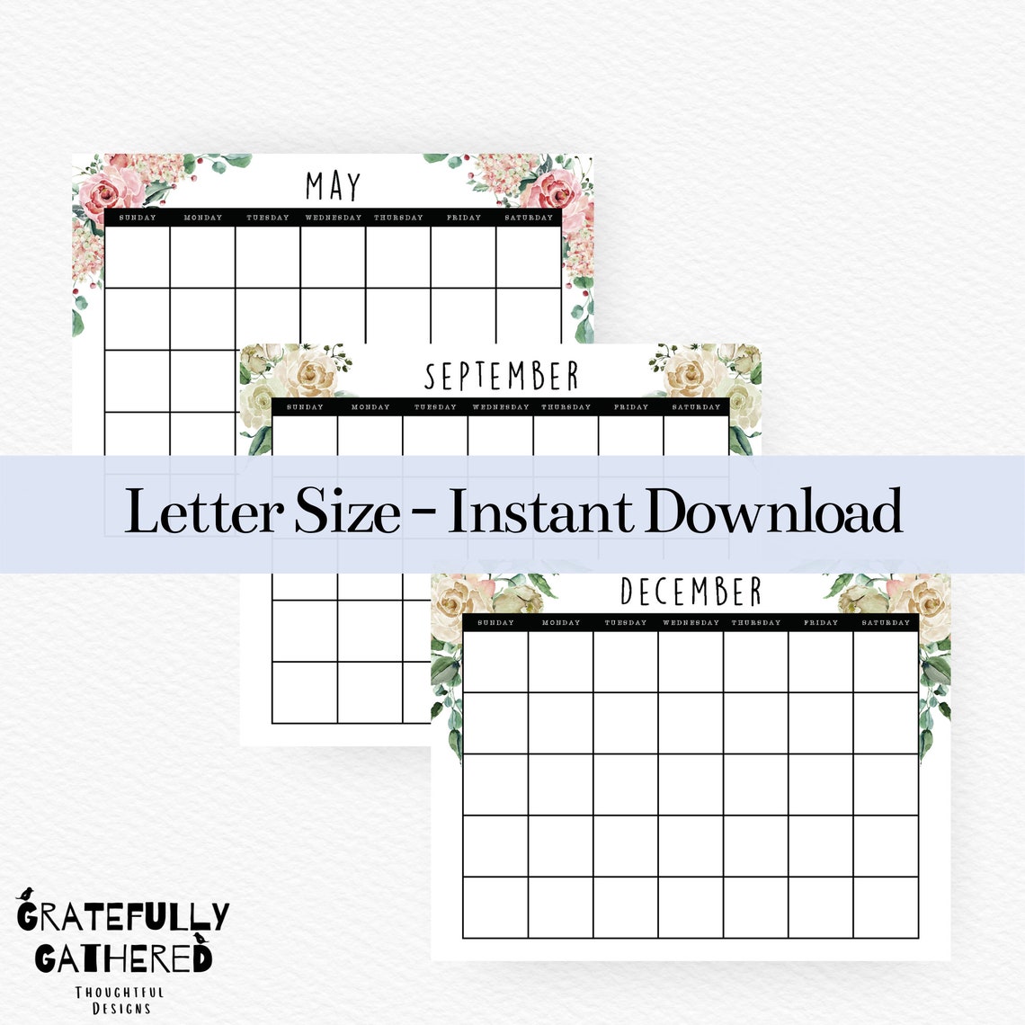 Undated Printable Calendar, Floral Watercolor, Blank Botanical Wall ...