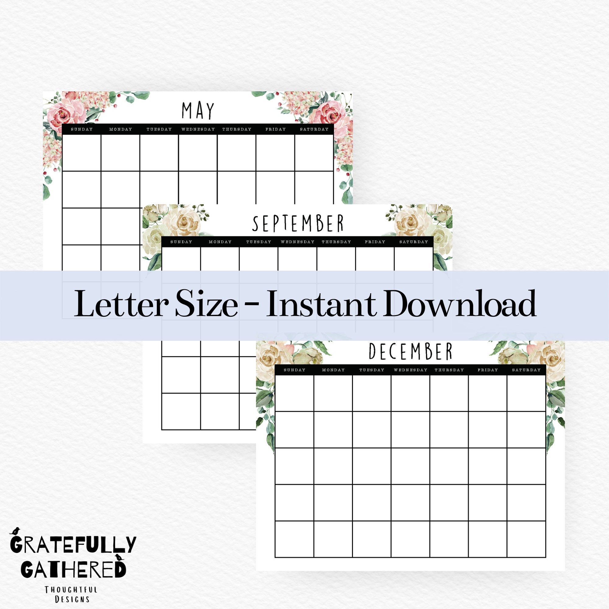 Undated Printable Calendar, Floral Watercolor, Blank Botanical Wall ...