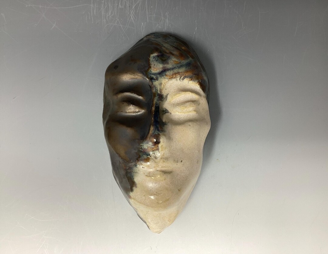 Small Ceramic Wall Mask, Mysterious Dark and Light Side, Bronze and ...