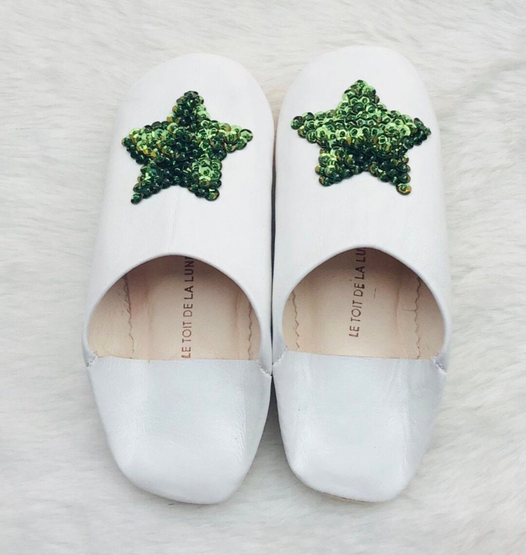 Round Slippers in White Leather and Green Glitter for Girls - Etsy
