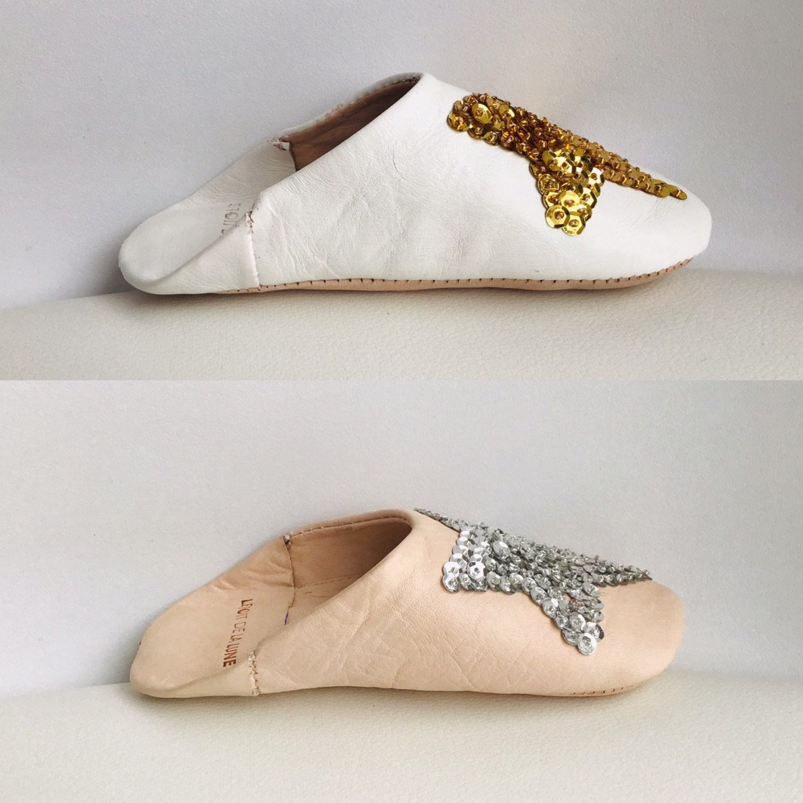 Round Slippers in White Leather, Embroidered With Gold Sequins for ...