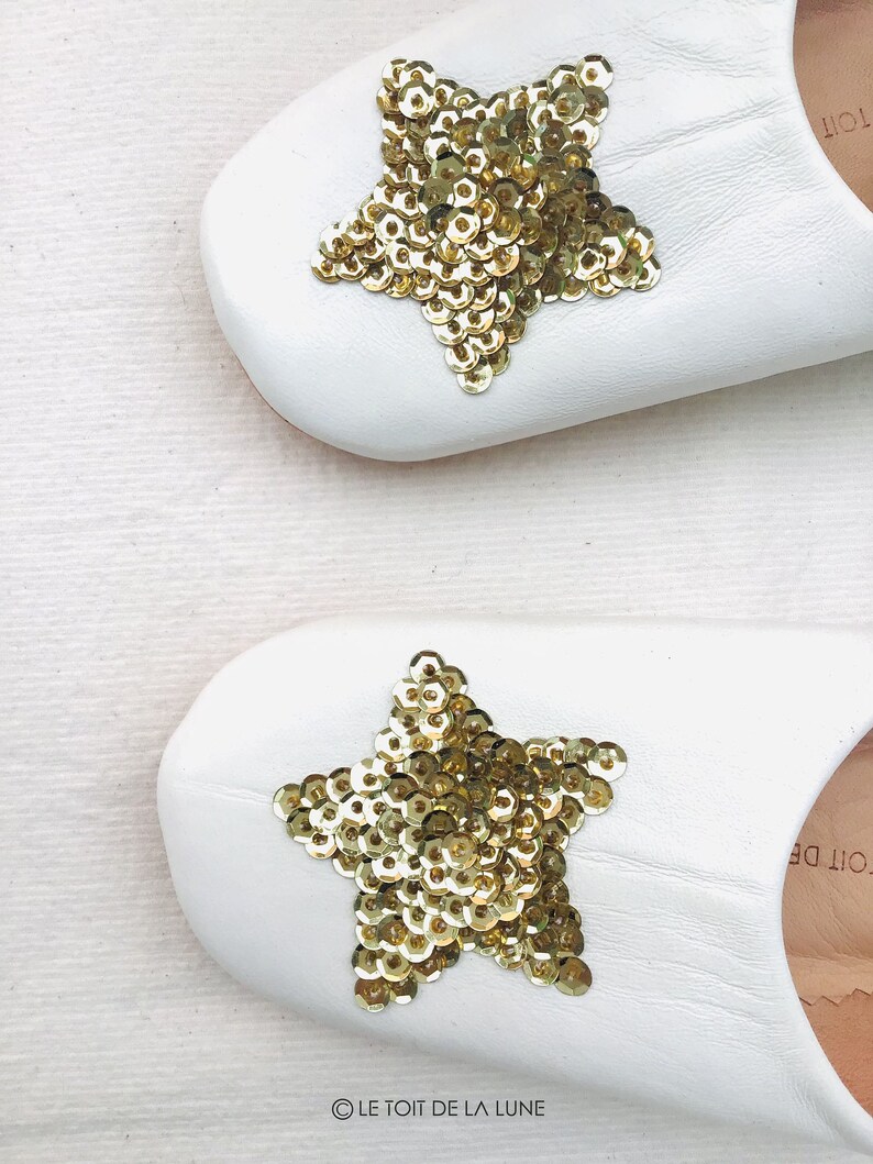 Round Slippers in White Leather, Embroidered With Gold Sequins for ...