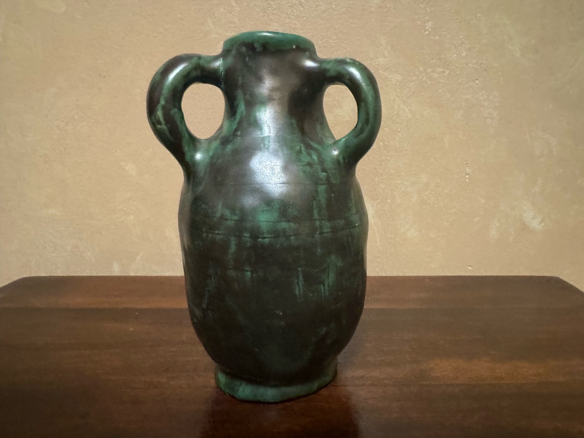 Arts and Crafts Art Pottery Student Piece Green Heavy Greek Key Design ...