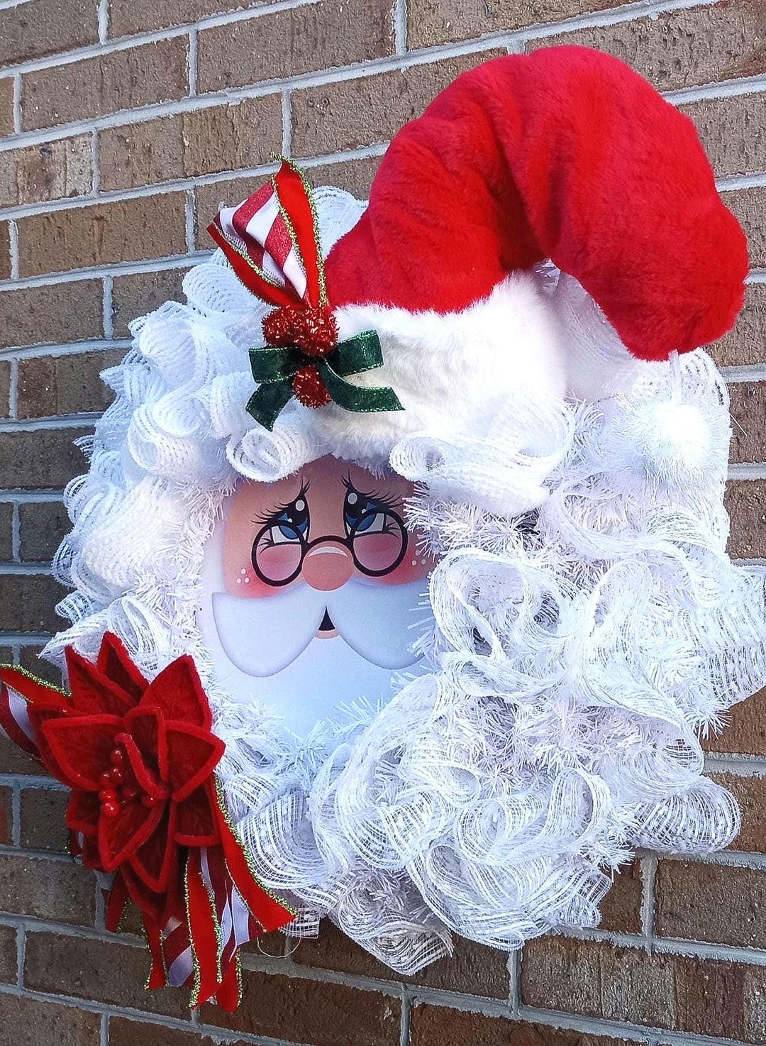 Santa Face Wreath With Fluffy White Hair, Beard and Large Elegant Santa ...