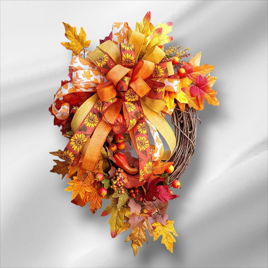 Bright Gold, Orange and Rust Fall Grapevine Wreath With Large Multi ...