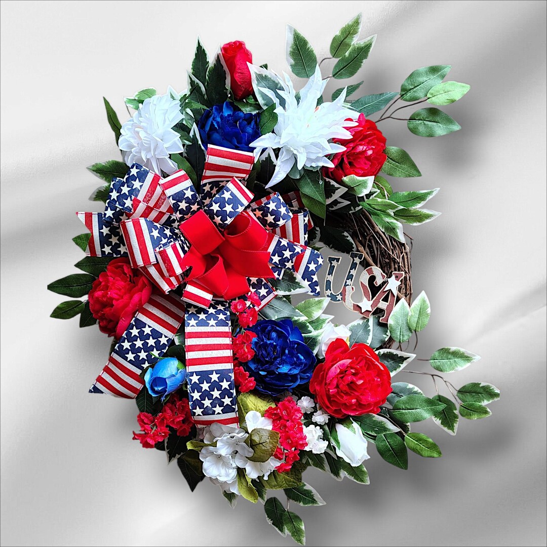 USA, Patriotic, Red, White and Blue, Grapevine, Floral Wreath With ...