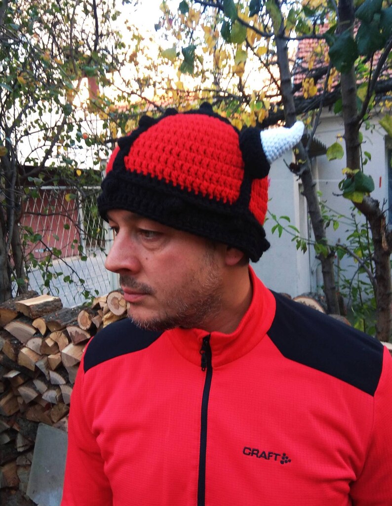 Viking Helmet Hat Red Hat With Horns Crochet Hat - Etsy