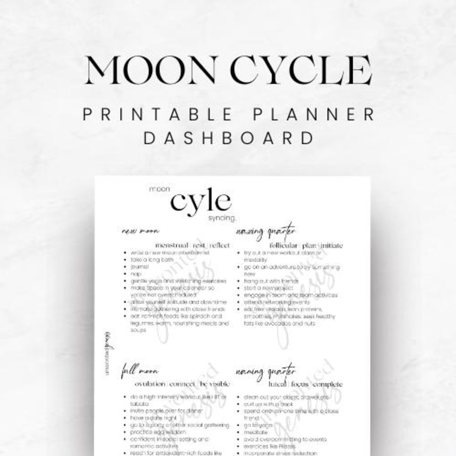 Moon Cycle Syncing Dashboard | Lunar Phase Printable Insert | Feminine ...