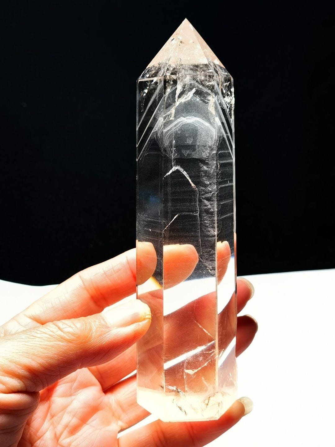 Real Tibetan High Altitude Clear Phantom Crystal Quartz 6 Sided Point 5.19 Inch Healing Reiki ...