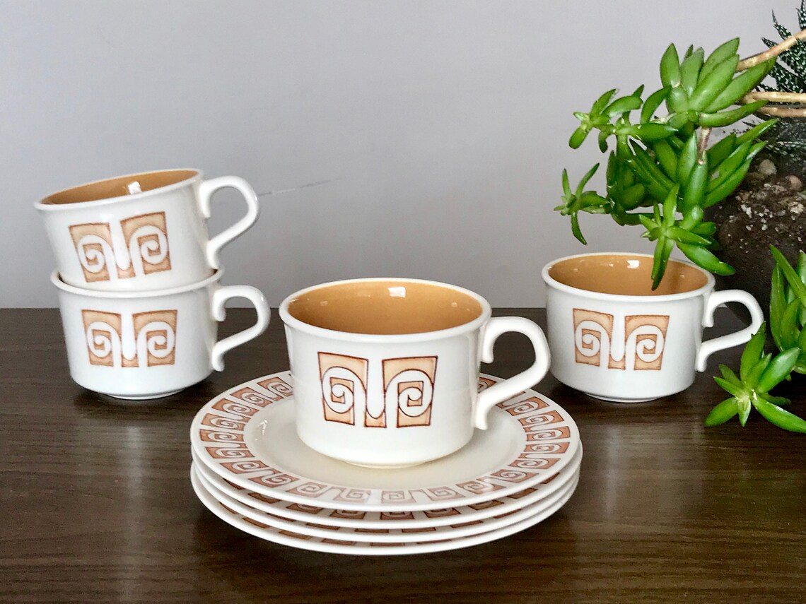 Set of Four Vintage Cups And Saucers Burnt Orange Abstract | Etsy