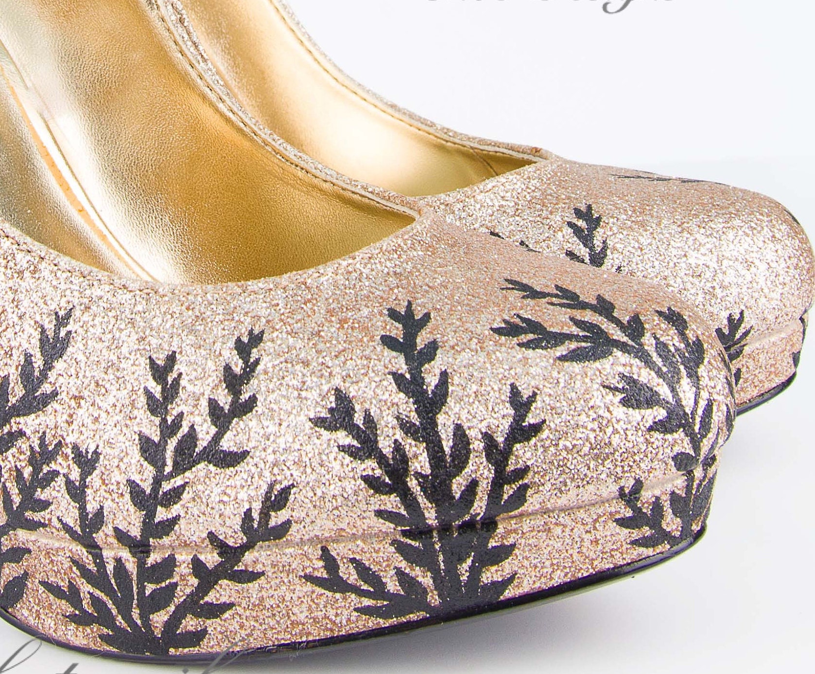 Ladies Stunning Hand-panted Sparkly Autumn Leaves Glitter Pumps High ...