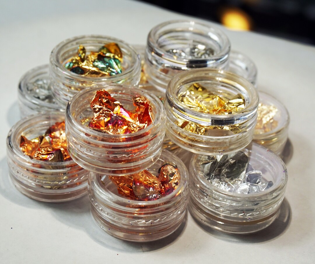 FOIL FLAKES SET 4 Plastic Jars Flakes for Nails Gold Flakes Silver ...