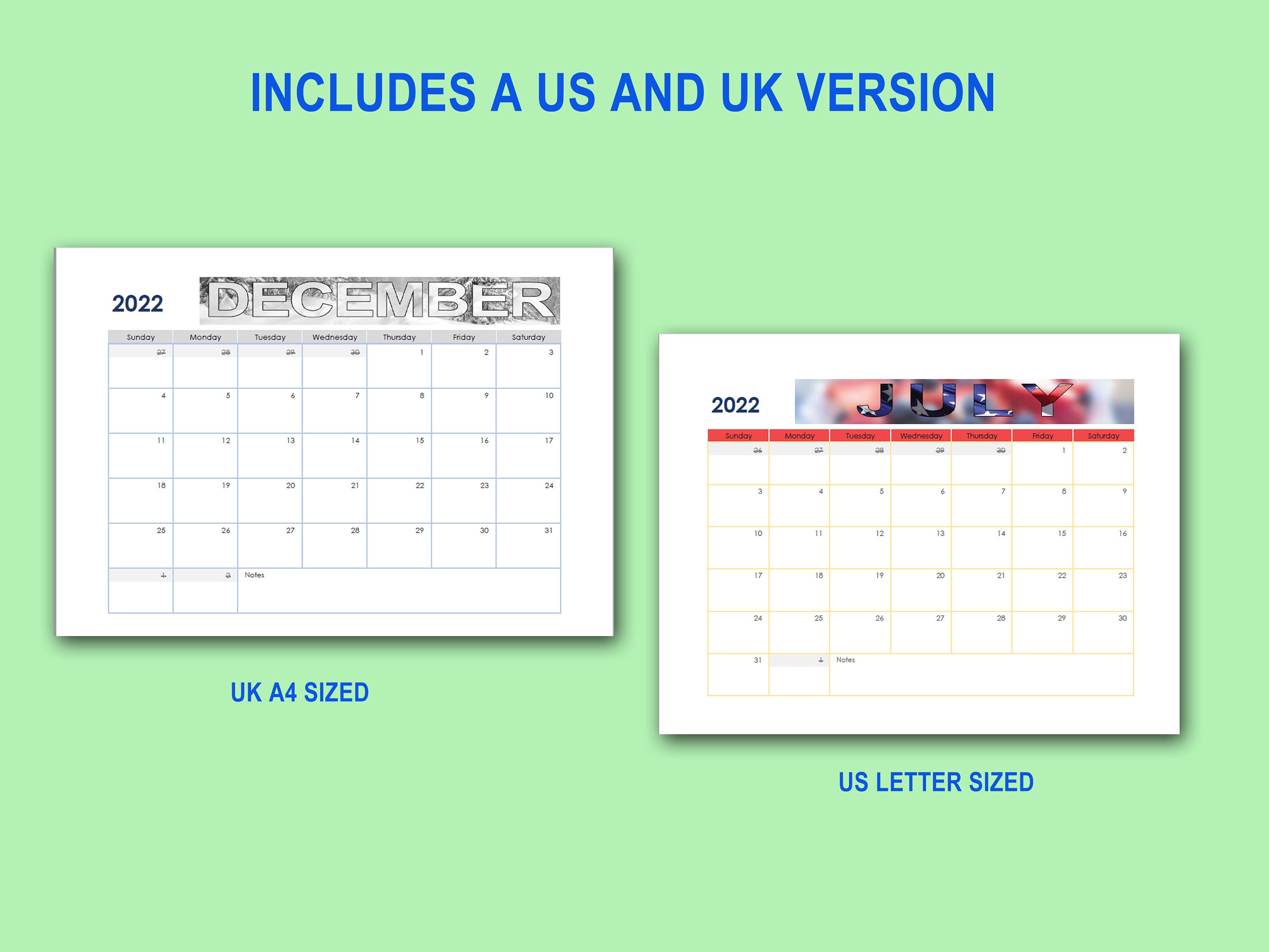 Monthly Calendar Printable 2022 Horizontal A4, US Letter Size Monday ...