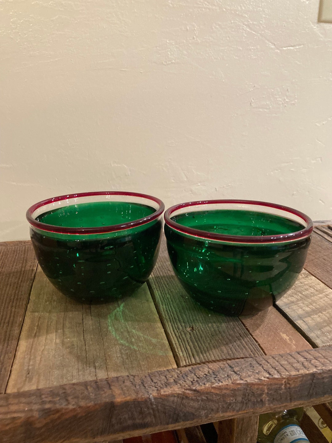 Pair of Bubbled Green Glass Bowls With Red Trim - Etsy