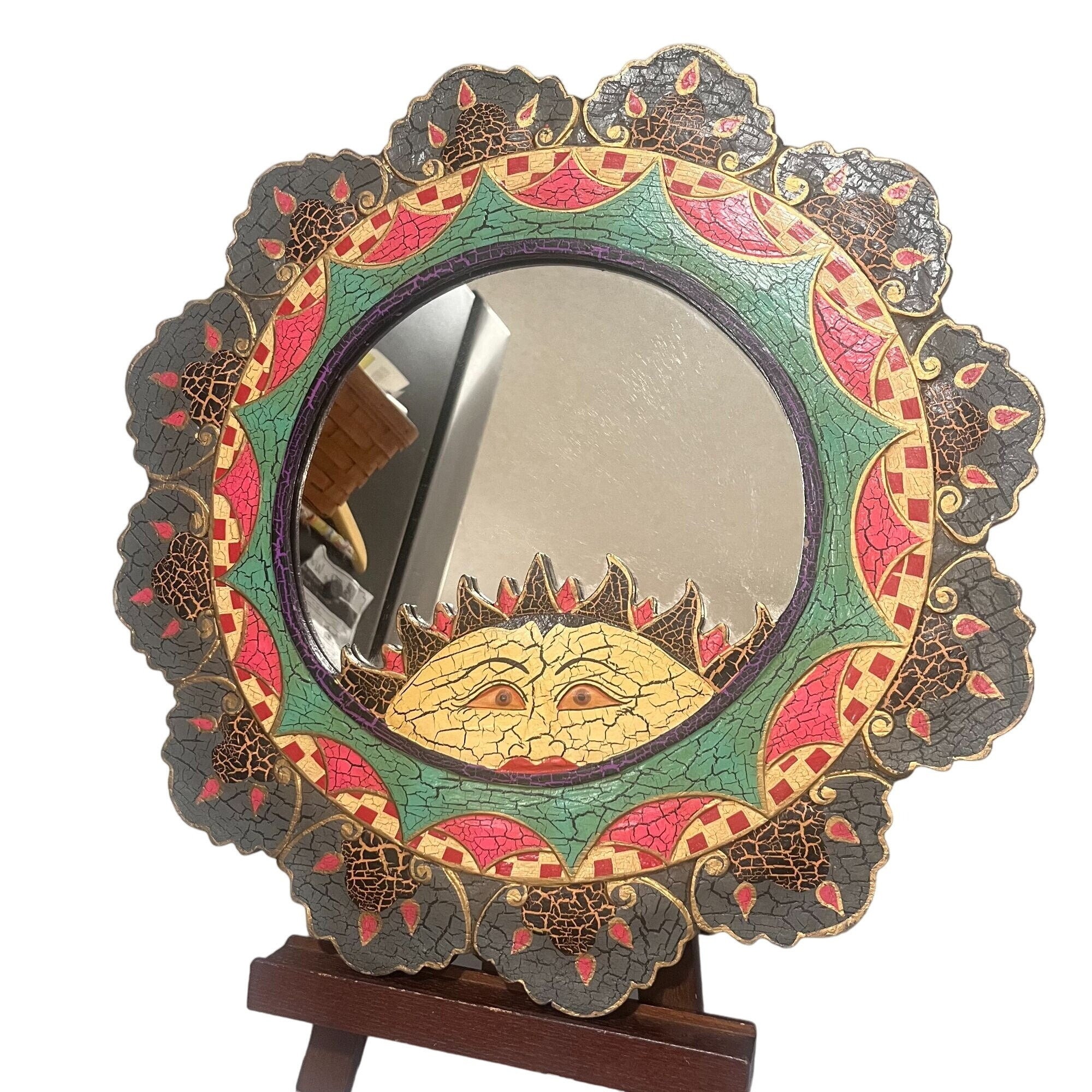 Round Wood Boho Picture/mirror Frame Painted With Sun Face - Etsy