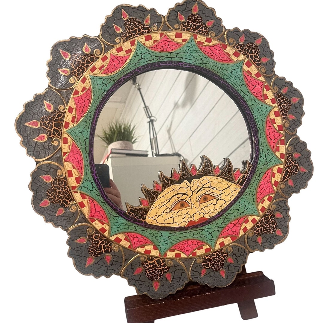 Round Wood Boho Picture/mirror Frame Painted With Sun Face - Etsy