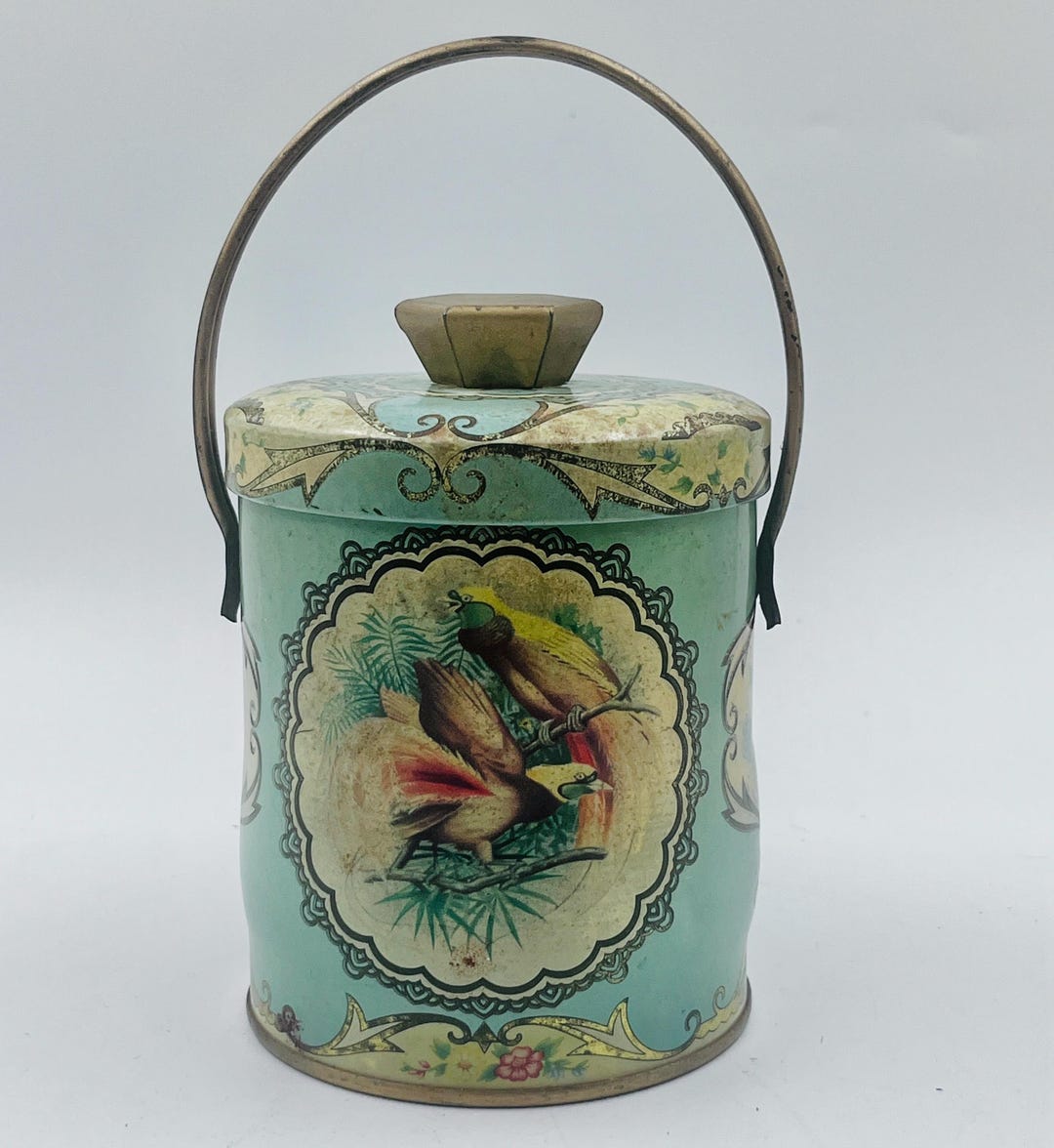 Vintage Handled Tin Canister With Bird Motif - Blue Green Decorative ...