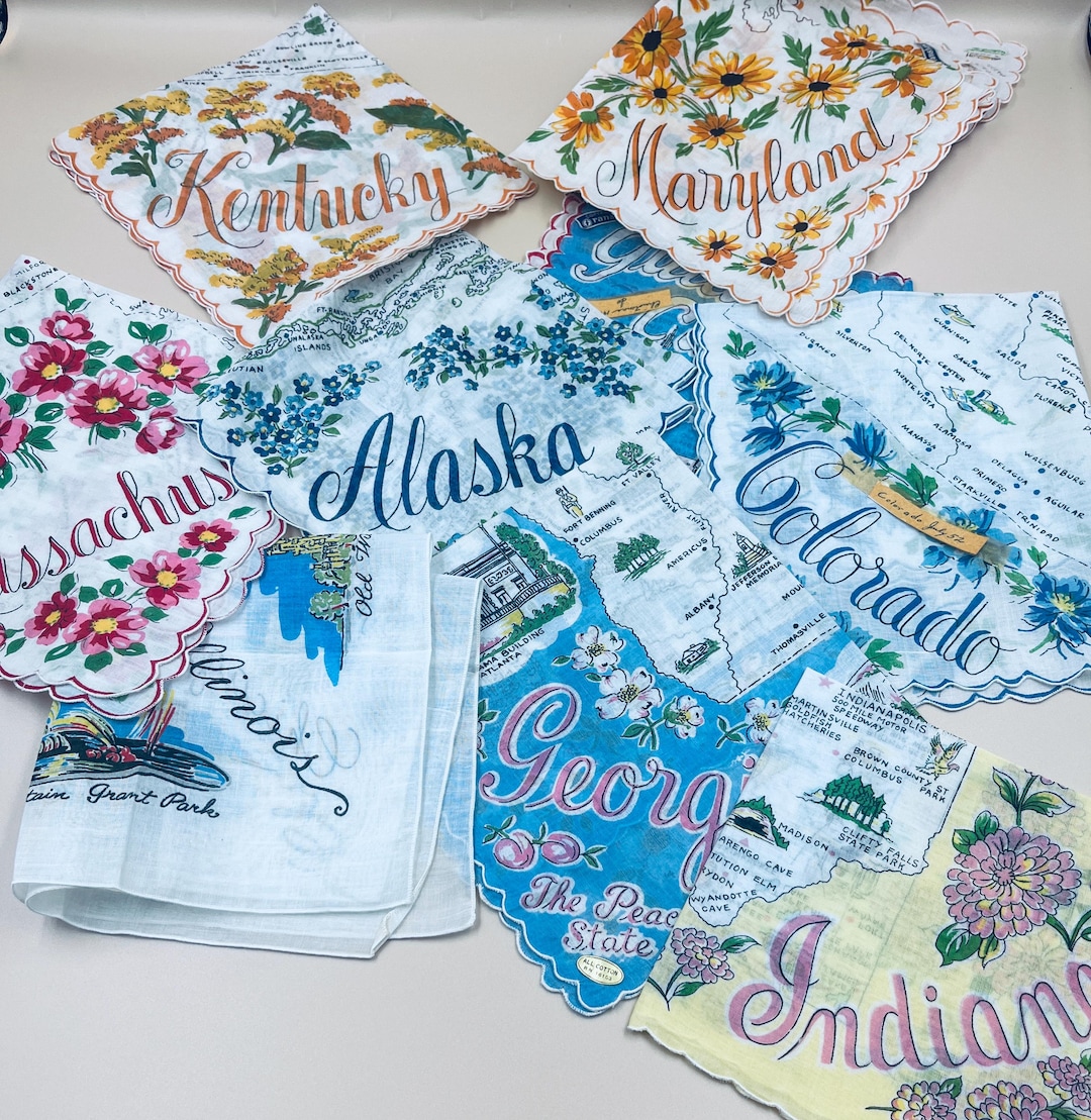Vintage State Souvenir Handkerchief: Colorful Floral Travel Hanky ...
