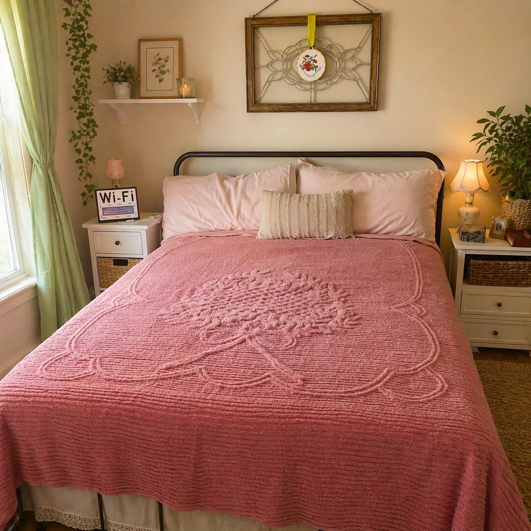 Vintage Pink Chenille Bedspread Tufted Floral Medallion Cottage Core ...