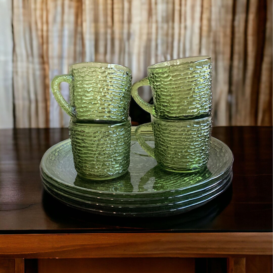 Vintage Anchor Hocking Green Snack Plate and Cup Set for Four - Etsy