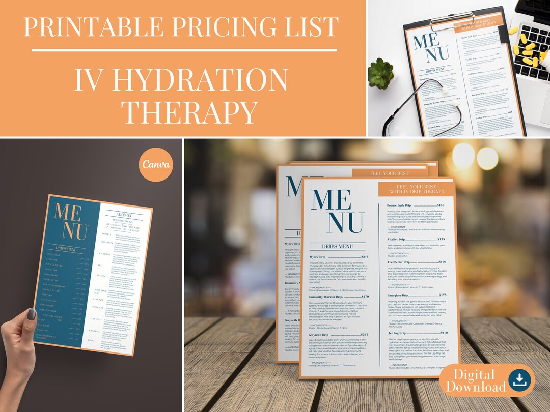 IV Printable Menu Digital Download Canva Template Orange IV Therapy ...