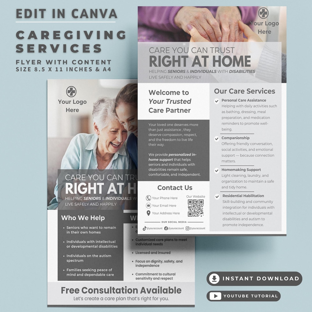 Senior Care Flyer Canva Template Caregiver Handout Home Care Pamphlet ...