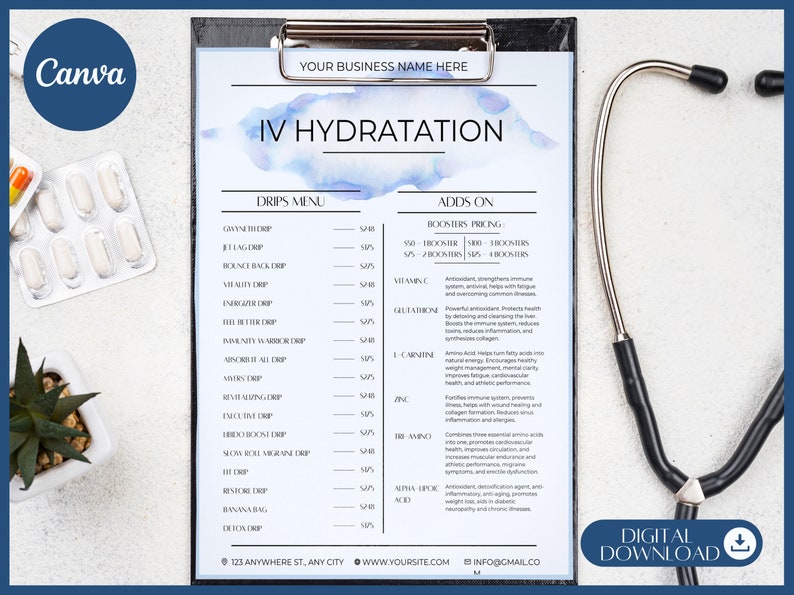 Drip Printable Menu Blue Watercolor IV Therapy Menu IV Hydration Menu ...