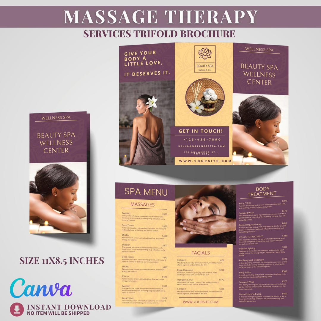 Massage Therapy Trifold Template Spa Service Brochure Canva Printable ...